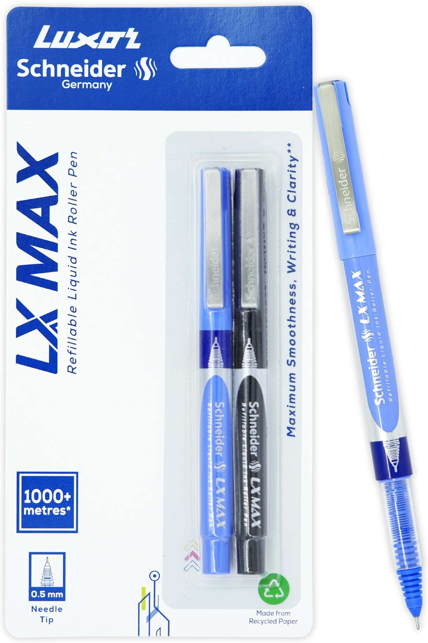 Luxor Schneider LX MAX roller ball pen, Pack of 2, 1 Blue+ 1 Black ...