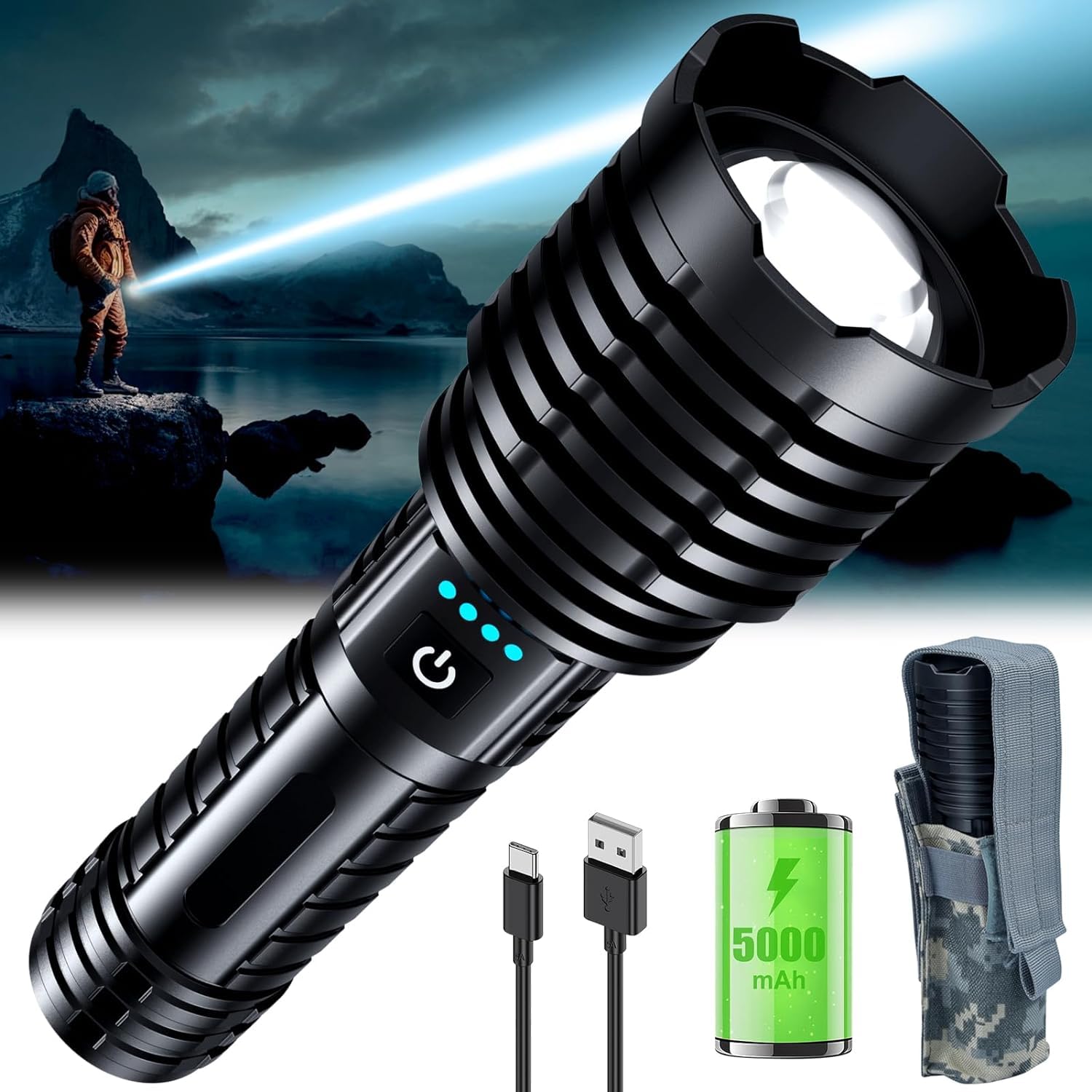Super Bright Led Rechargeable Flashlight 2000000 High Lumens,Tactical ...