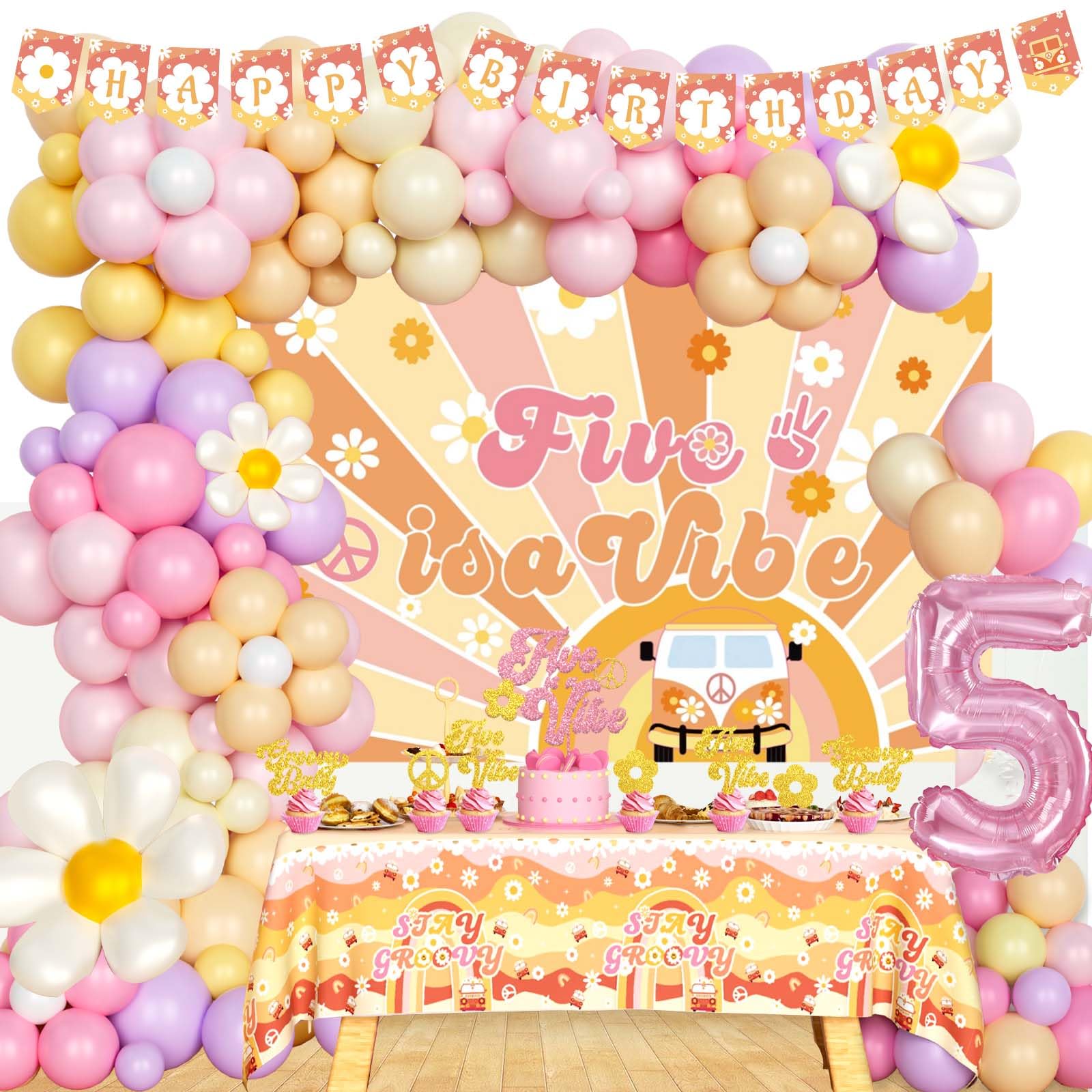 Amazon.com: Fiesec Five Is a Vibe Birthday Party Decorations for Girl, Groovy 5th Birthday ...