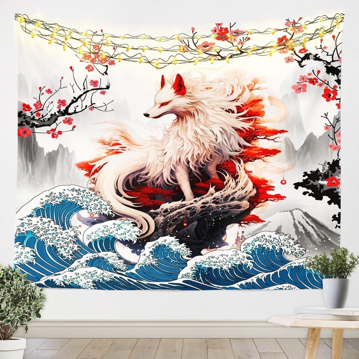 Amazon.com: Japanese Fox Tapestry,Pink Cherry Blossom Wall Hanging Art ...