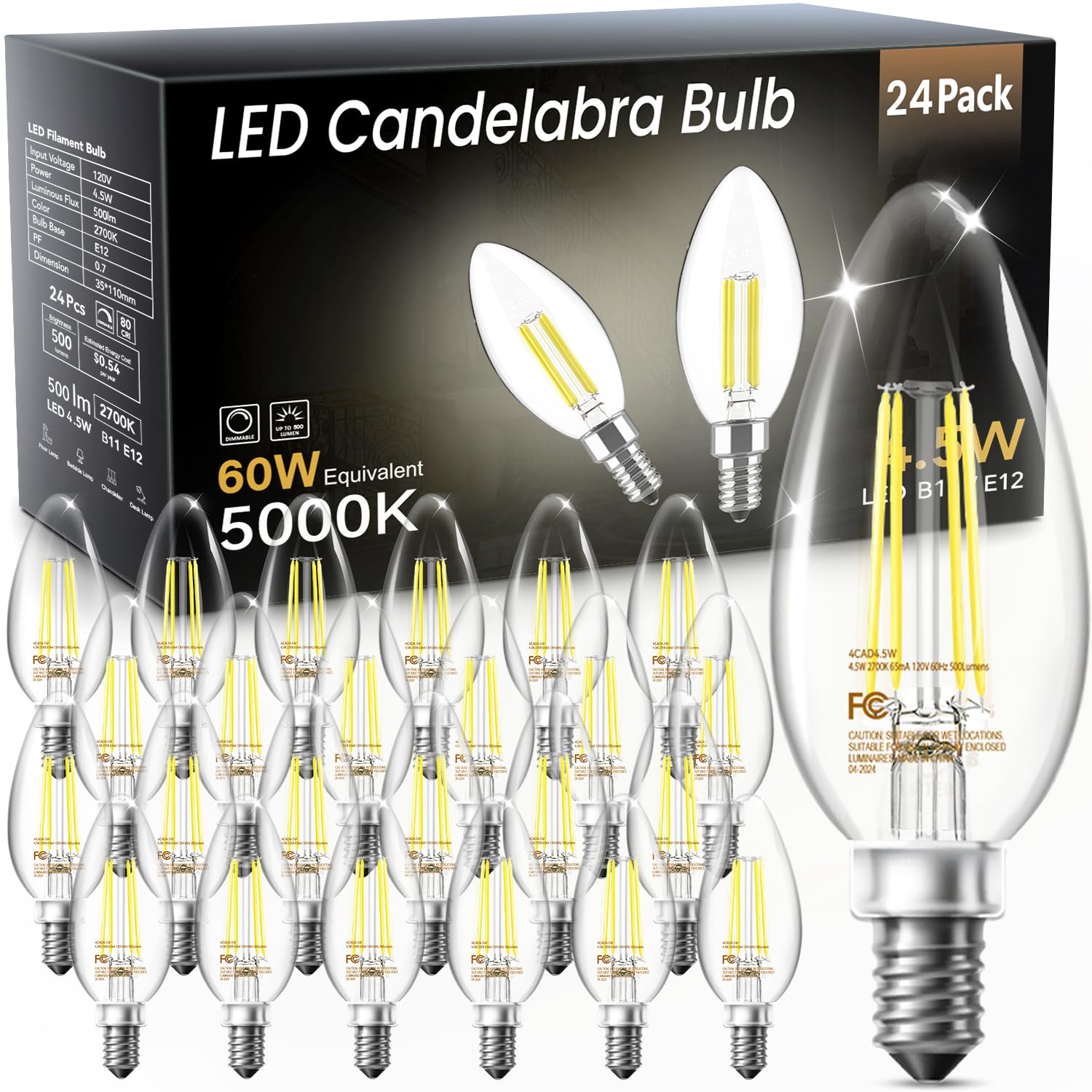 VOLIVO 24 Pack Chandelier LED Bulbs,B11 Candelabra 4.5W, 60 Watt ...