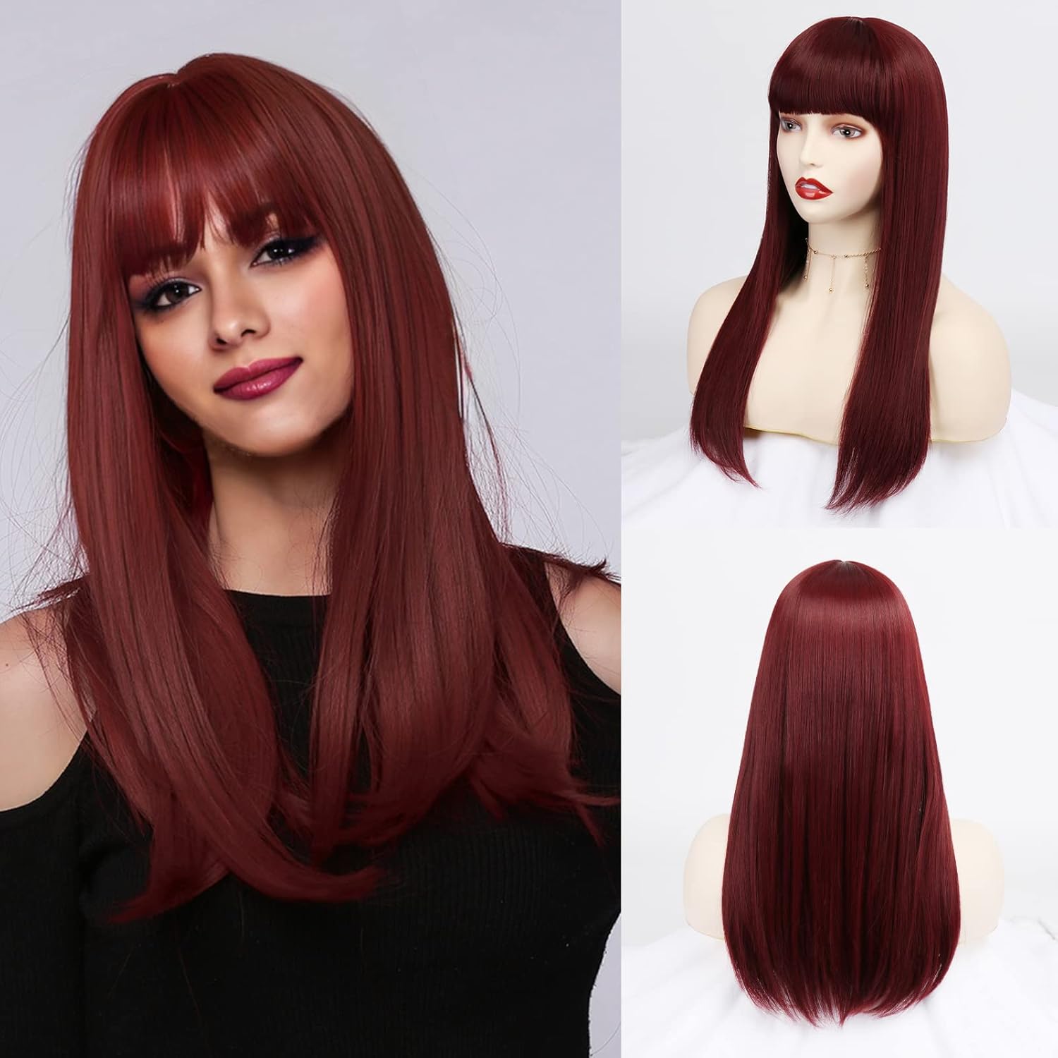 Amazon.com: AYSAN Long Wine Red Straight Wigs with Bangs Burgundy Red ...