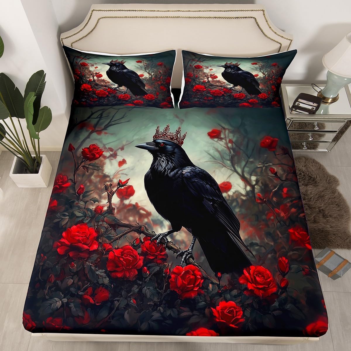 Amazon.com: Black Crow Bedding Set Twin Size,Red Rose Garden Flower ...