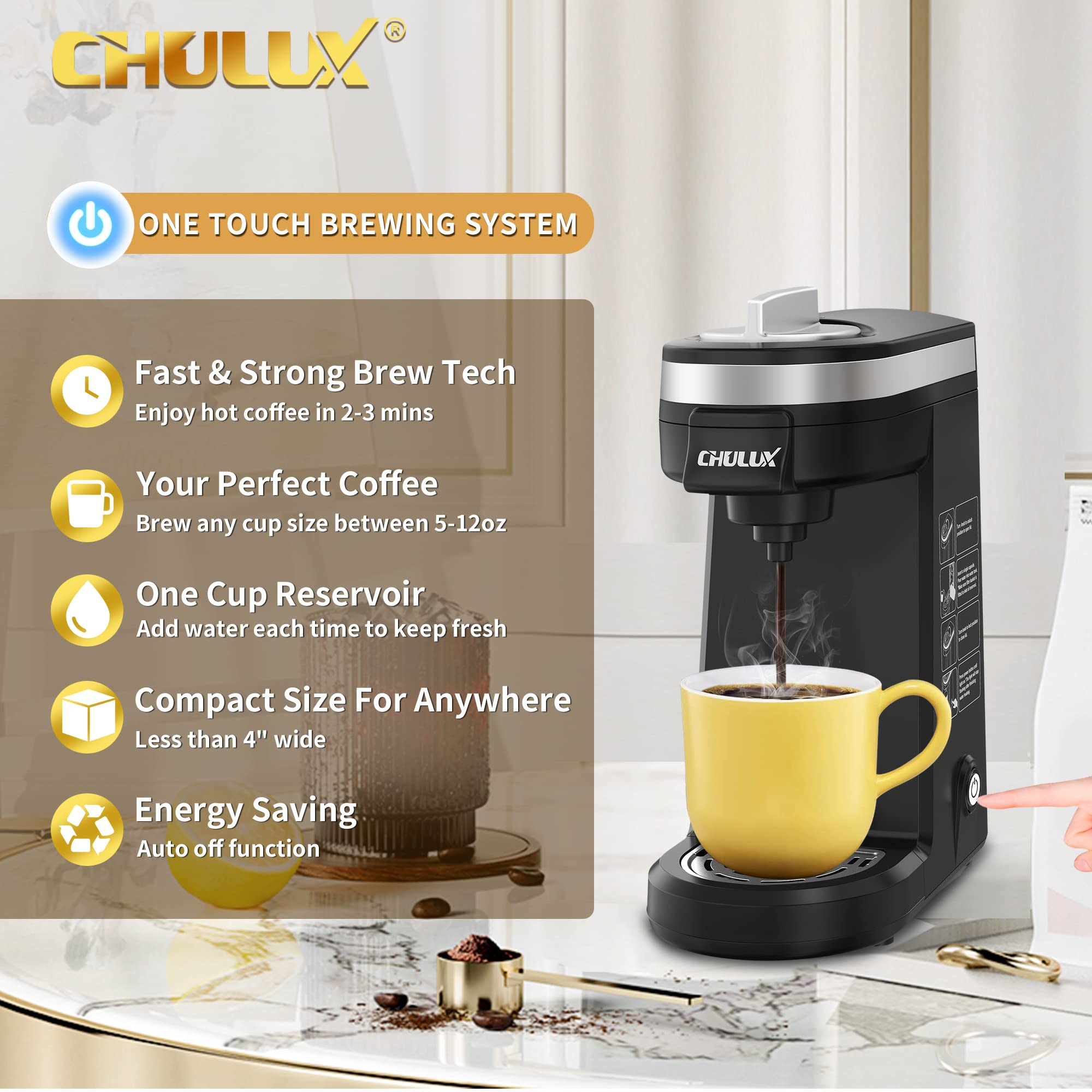 CHULUX Single Serve Coffee Maker for K-Cup Pod & Ground Coffee, Mini ...