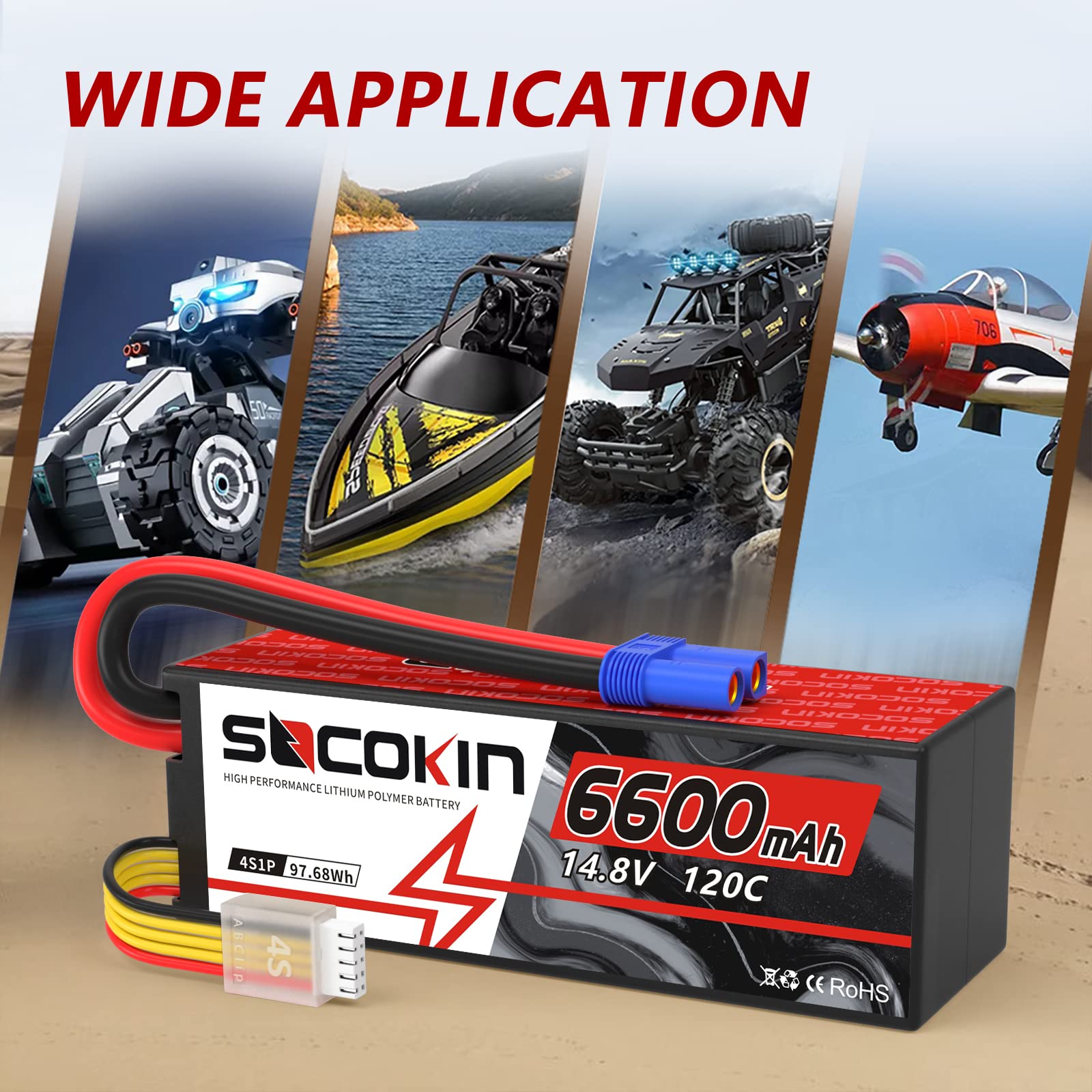 Socokin 4S Lipo Battery 6600mAh 14.8V 120C with EC5 Connector Hard Case for RC Car Truck Tank RC ...