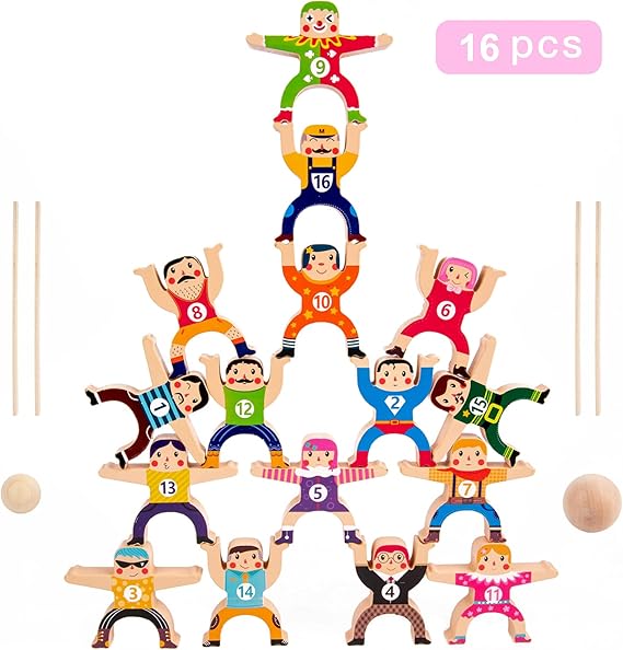 Amazon.com: moopok Wooden Stacking Toys,16Pcs Circus Hercules Acrobatic ...