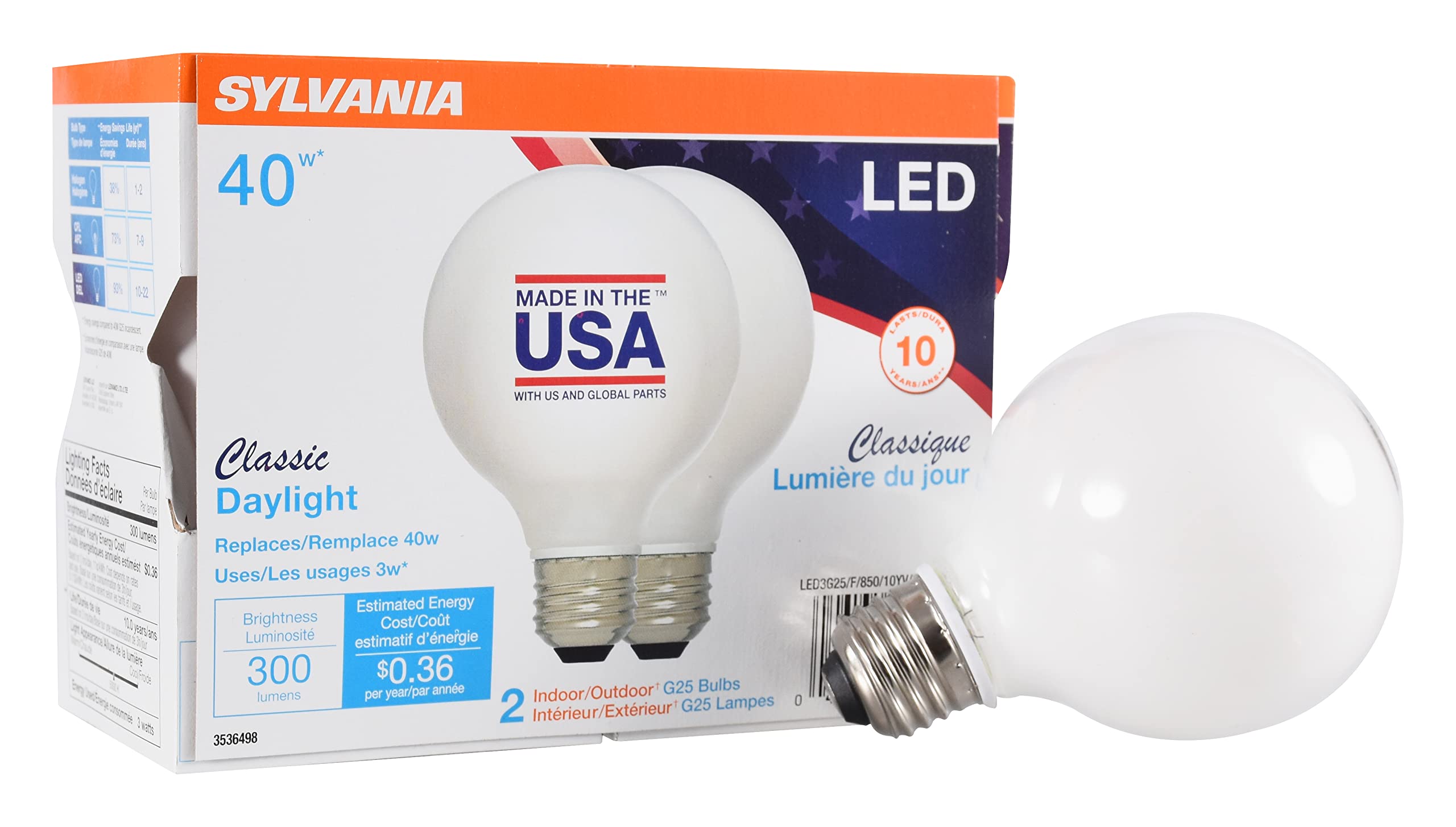 SYLVANIA G25 Globe Décor LED Light Bulb, 40W Equivalent Efficient 4W ...