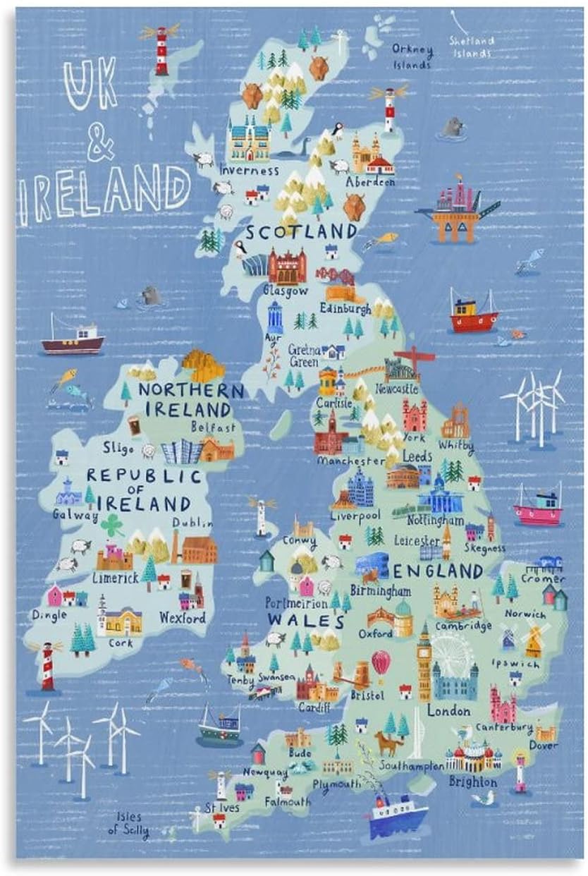 Amazon.com: KASUK UK Illustrated Map Giclee Print. Modern, Unframed ...
