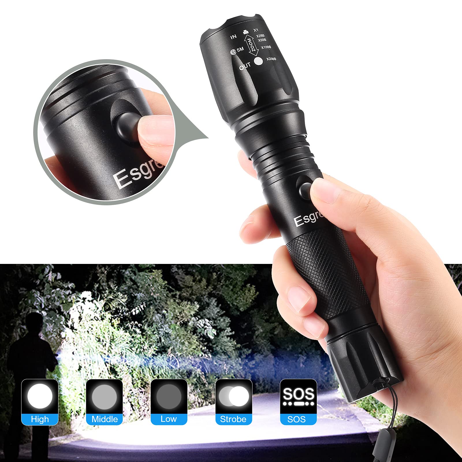 Rechargeable Tactical Flashlight LED High Lumens, Esgreen Super Bright ...