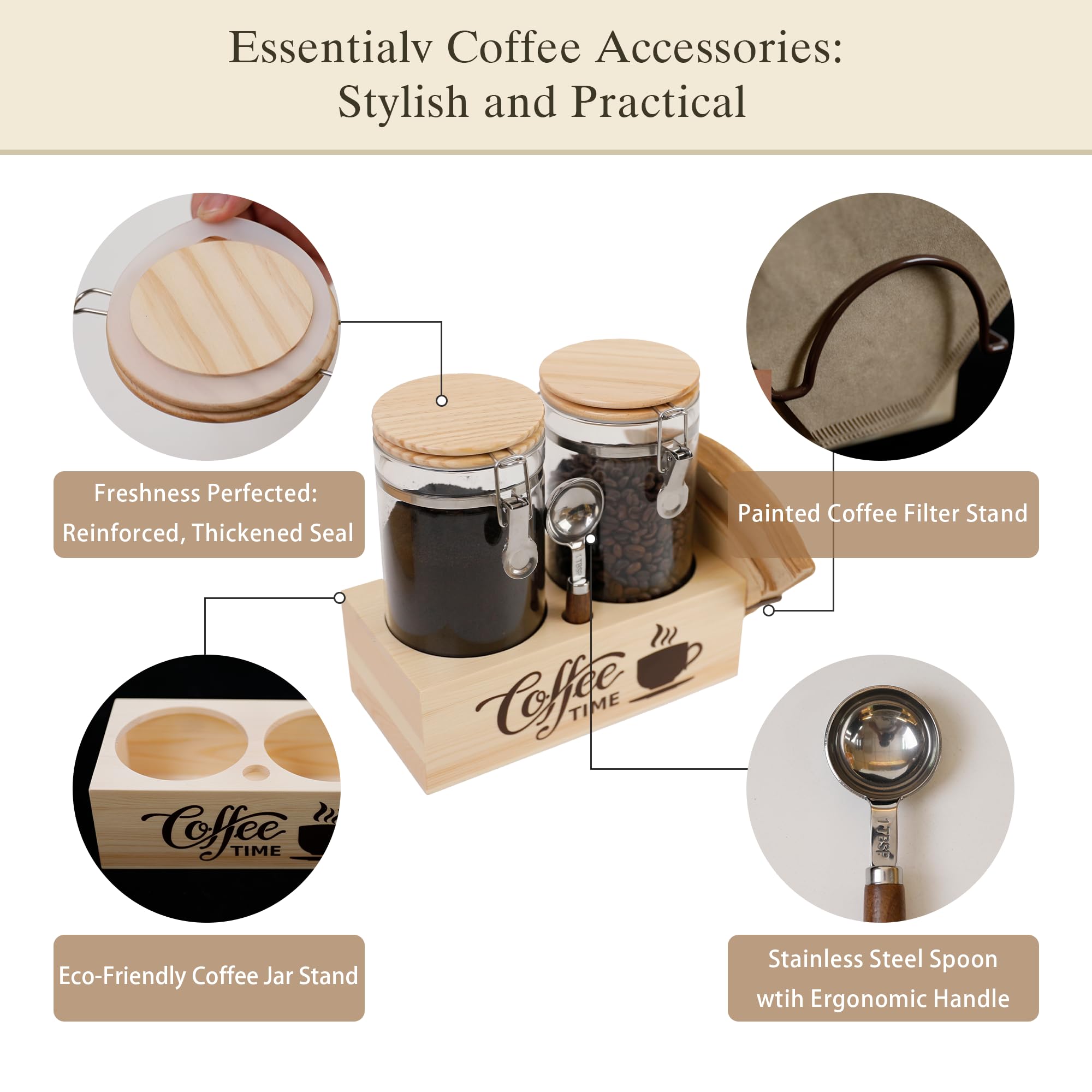 EQEY 2-Piece Glass Coffee Canister Set with Shelf & Spoon Coffee ...