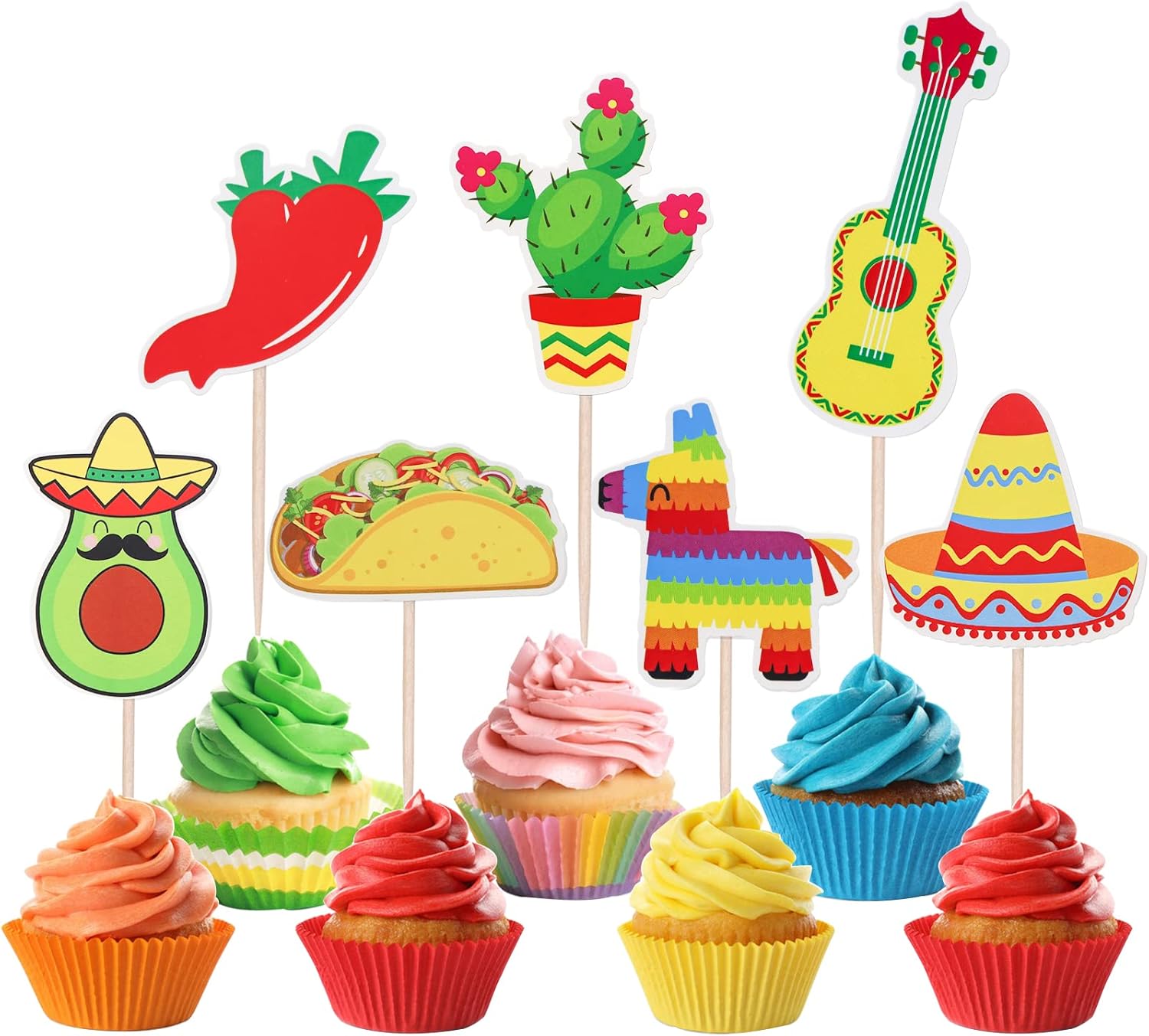 Rismise Fiesta Cupcake Toppers 35pcs Mexican Theme Cake Topper picks ...