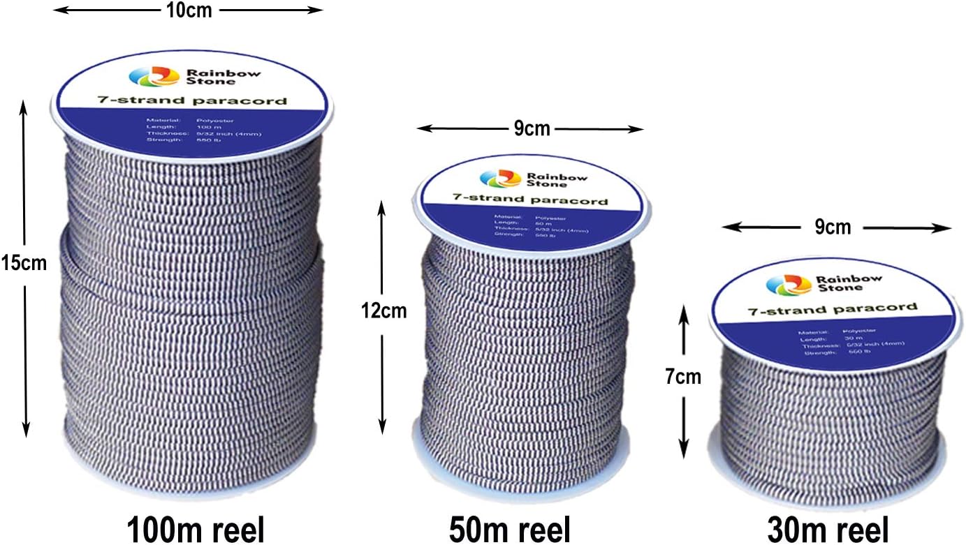 RainbowStone Paracord 7-Strand 550lb Strength 4mm utility rope 100m Reel Black and White Digital ...