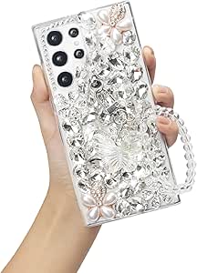 Amazon.com: Omio Compatible with Samsung Galaxy S24 Ultra Bling Case with Hand Chain Strap Cute ...
