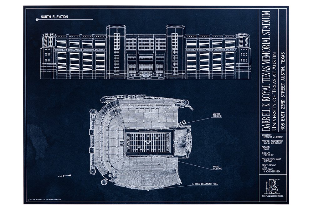 Amazon.com: Darrell K Royal Texas Memorial Stadium Blueprint Style ...