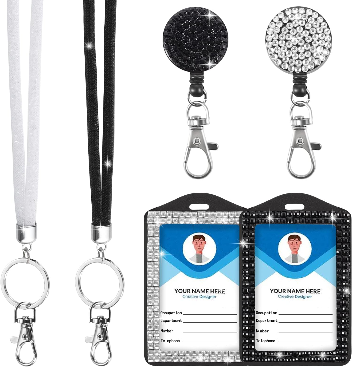 Amazon.com : 6 in 2 Sets 2 Color Rhinestone Lanyard for ID Badges, Bling ID Card Holder Crystal ...