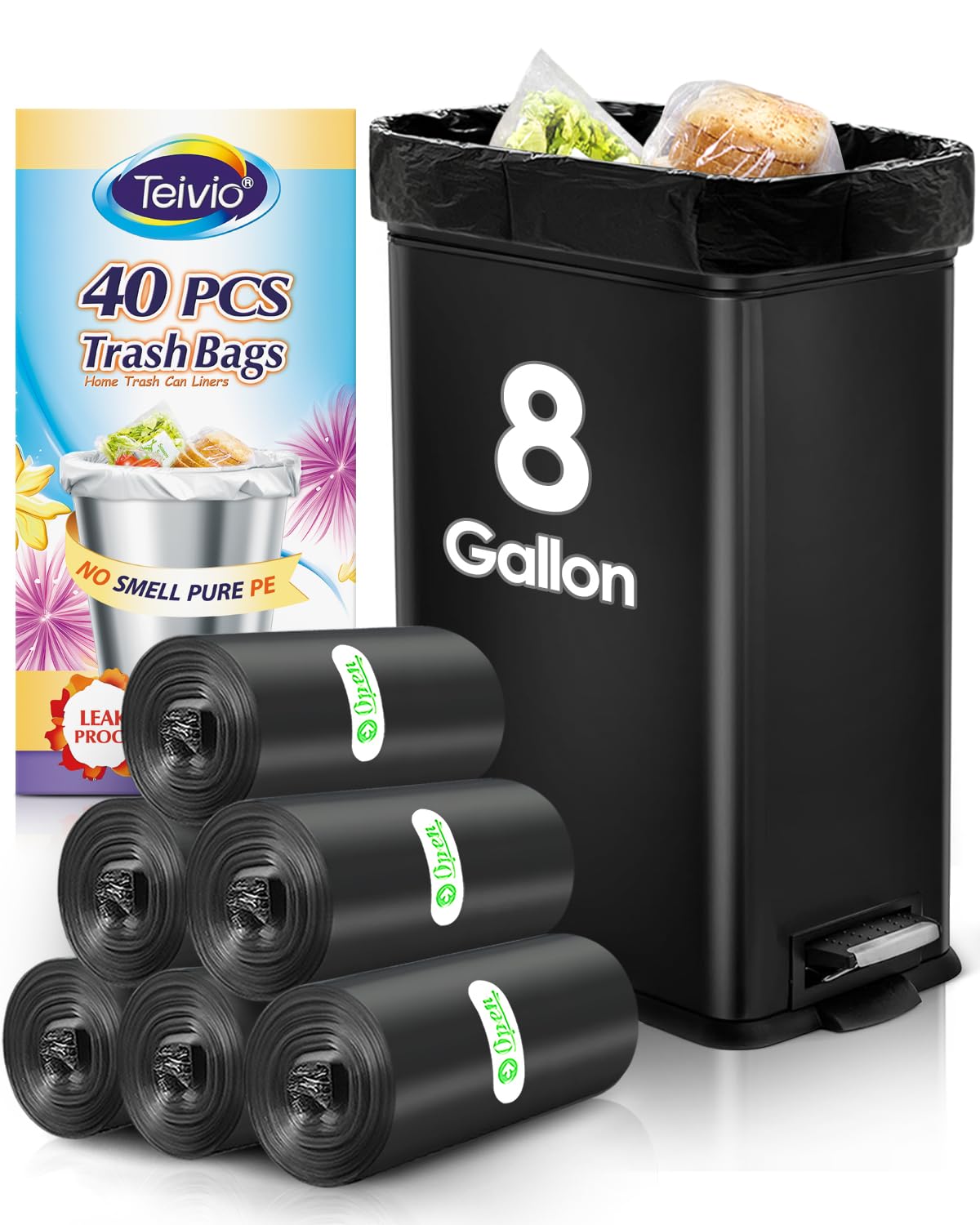 8 Gallon 40 Counts Strong Medium Trash Bags Garbage Bags by Teivio ...