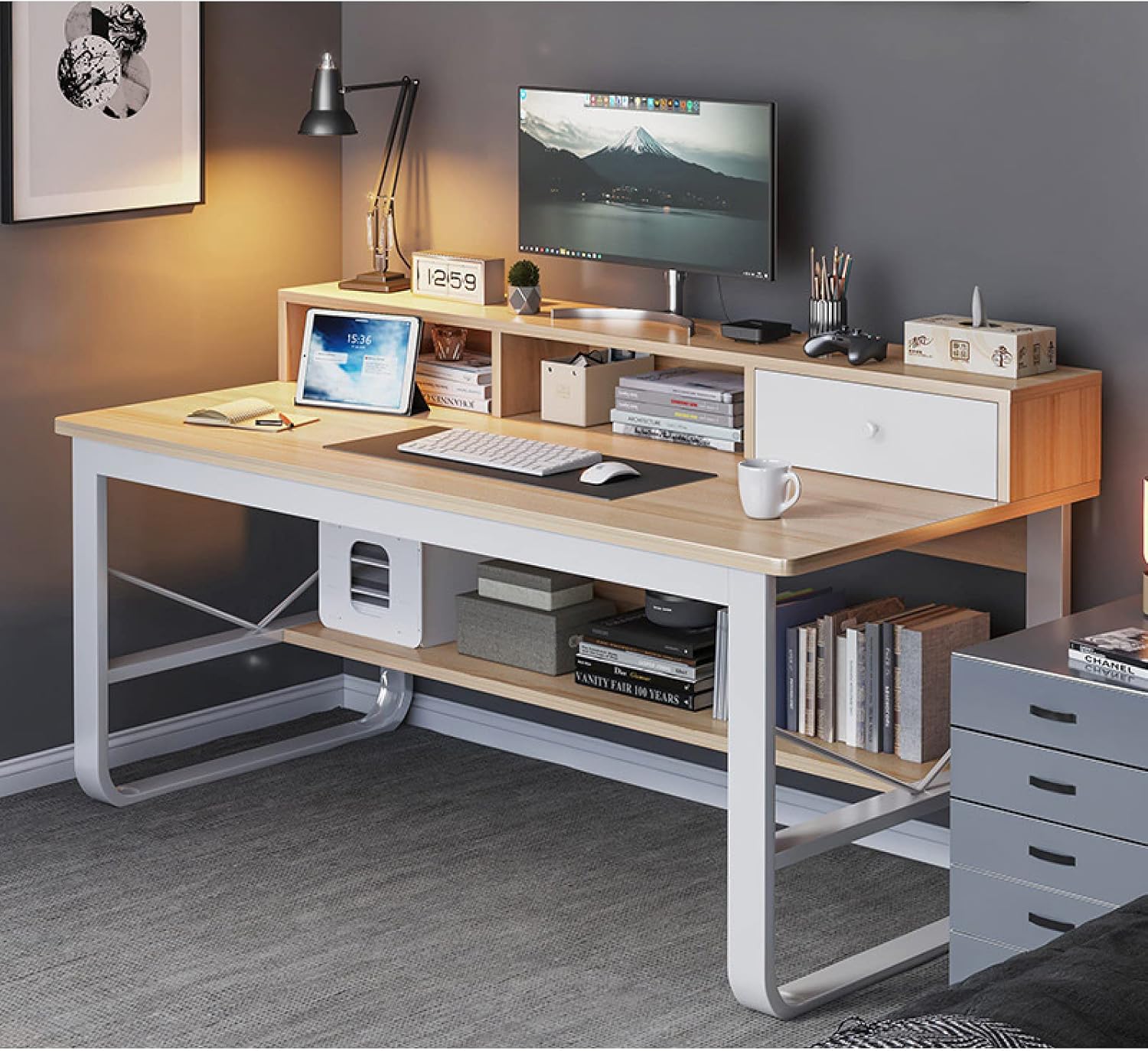 FAANAS Computer Desk with Drawer and Storage Shelves, Modern Student ...