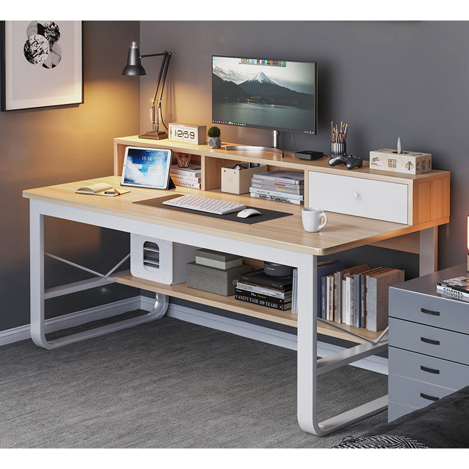 FAANAS Computer Desk with Drawer and Storage Shelves, Modern Student ...