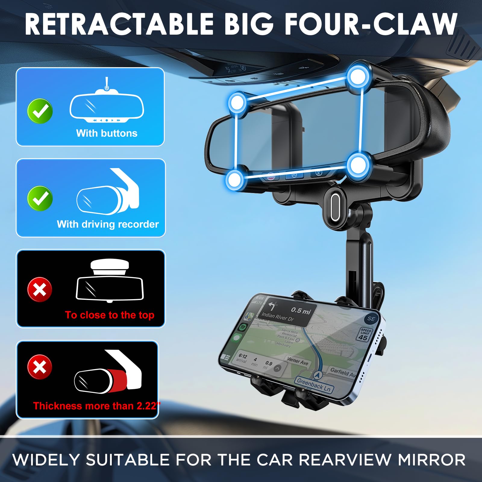 Snapklik.com : IPOW Large Rearview Mirror Phone Holder For Car ...