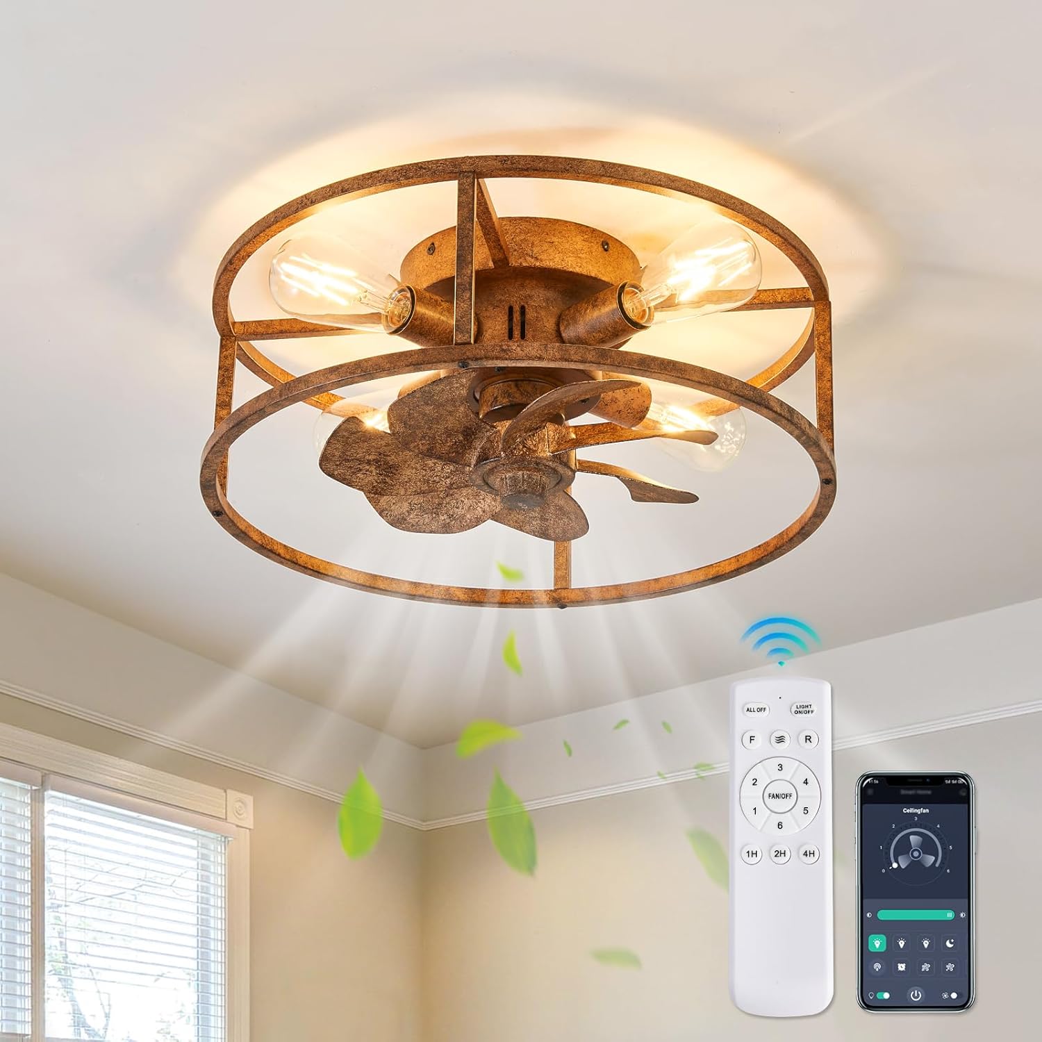 Bronze Caged Ceiling Fan with Lights Rustic Flush Mount Ceiling Fan ...