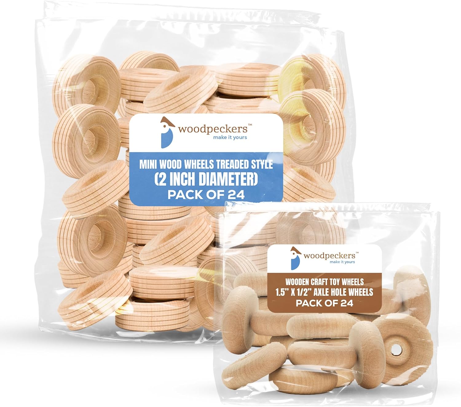 Amazon.com: Mini Wood Wheels Treaded Style, 2 Inch Diameter, Pack of 24 ...