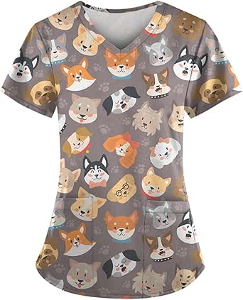 Amazon.com: Womens Scrubs Tops Animal Printed Nurse Uniforms Cartoon ...