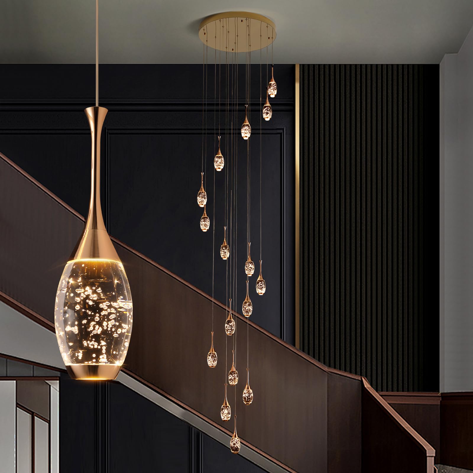 High Ceiling Chandelier - Long Chandelier with Dimmable Brightness and ...