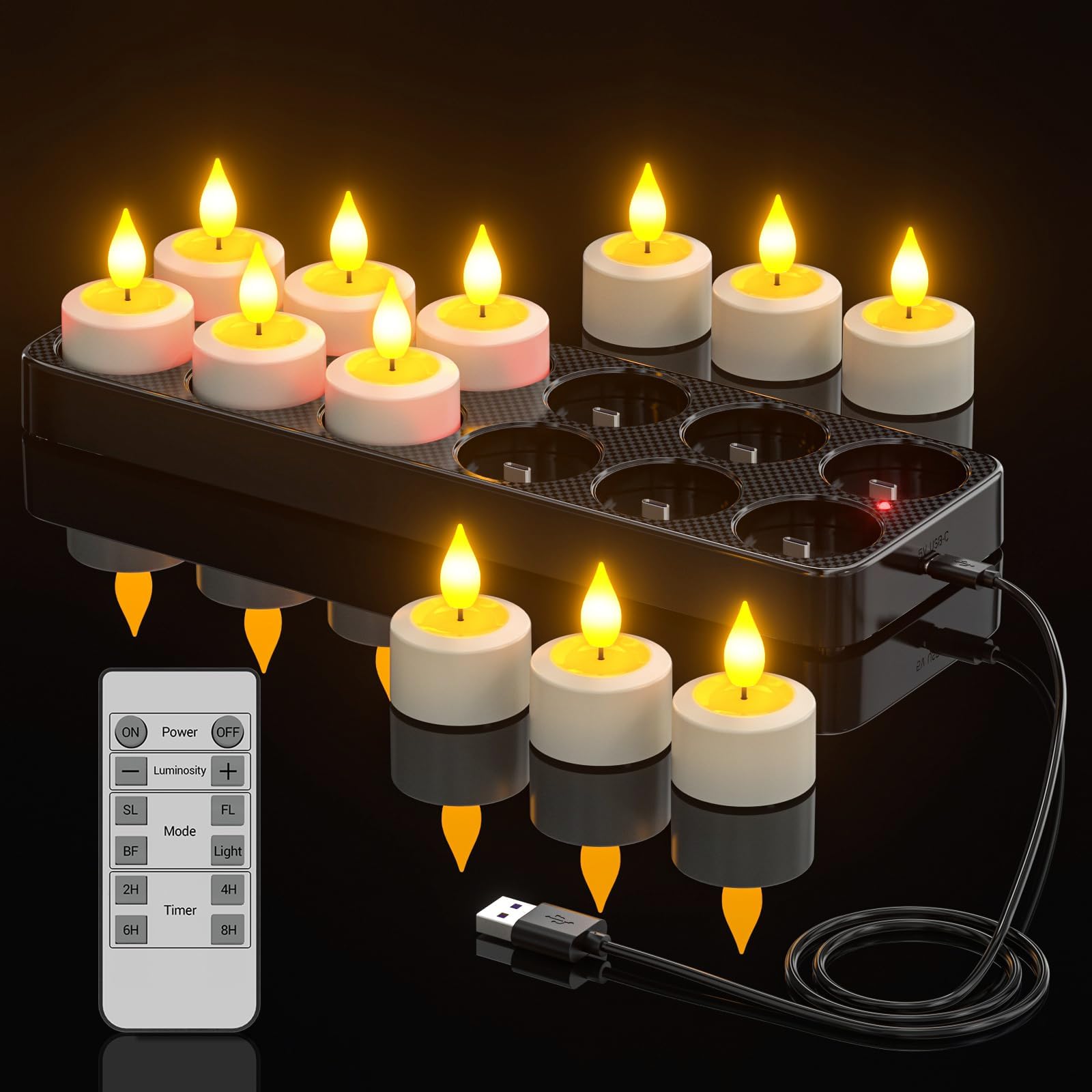 Yme Rechargeable Tea Lights Candles with Charging Station, 12pcs ...