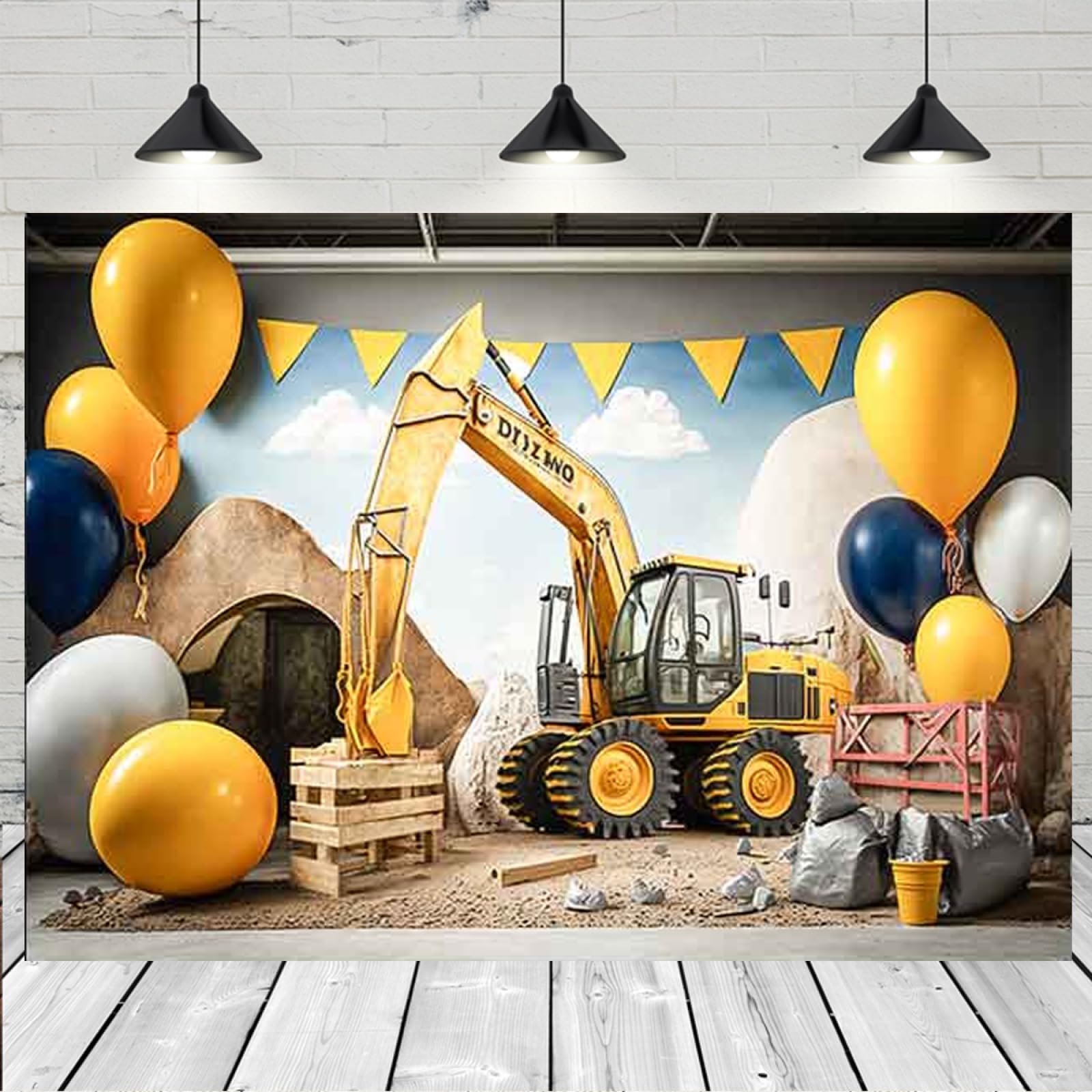 Amazon.com : 3D Balloons Excavator Birthday Party Backdrop Construction Theme Excavator Crane ...