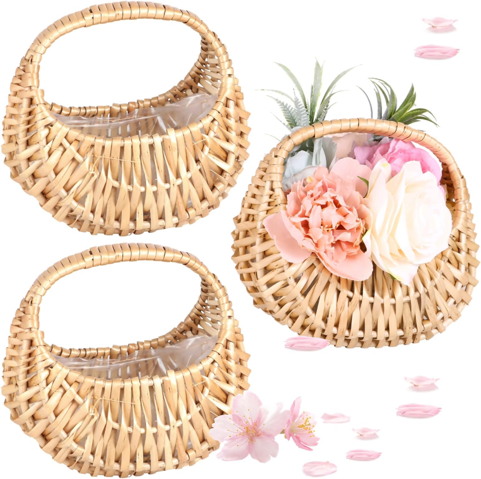 Amazon.com: 3 Pcs Rattan Flower Baskets, Small Half-Moon Wicker Baskets ...