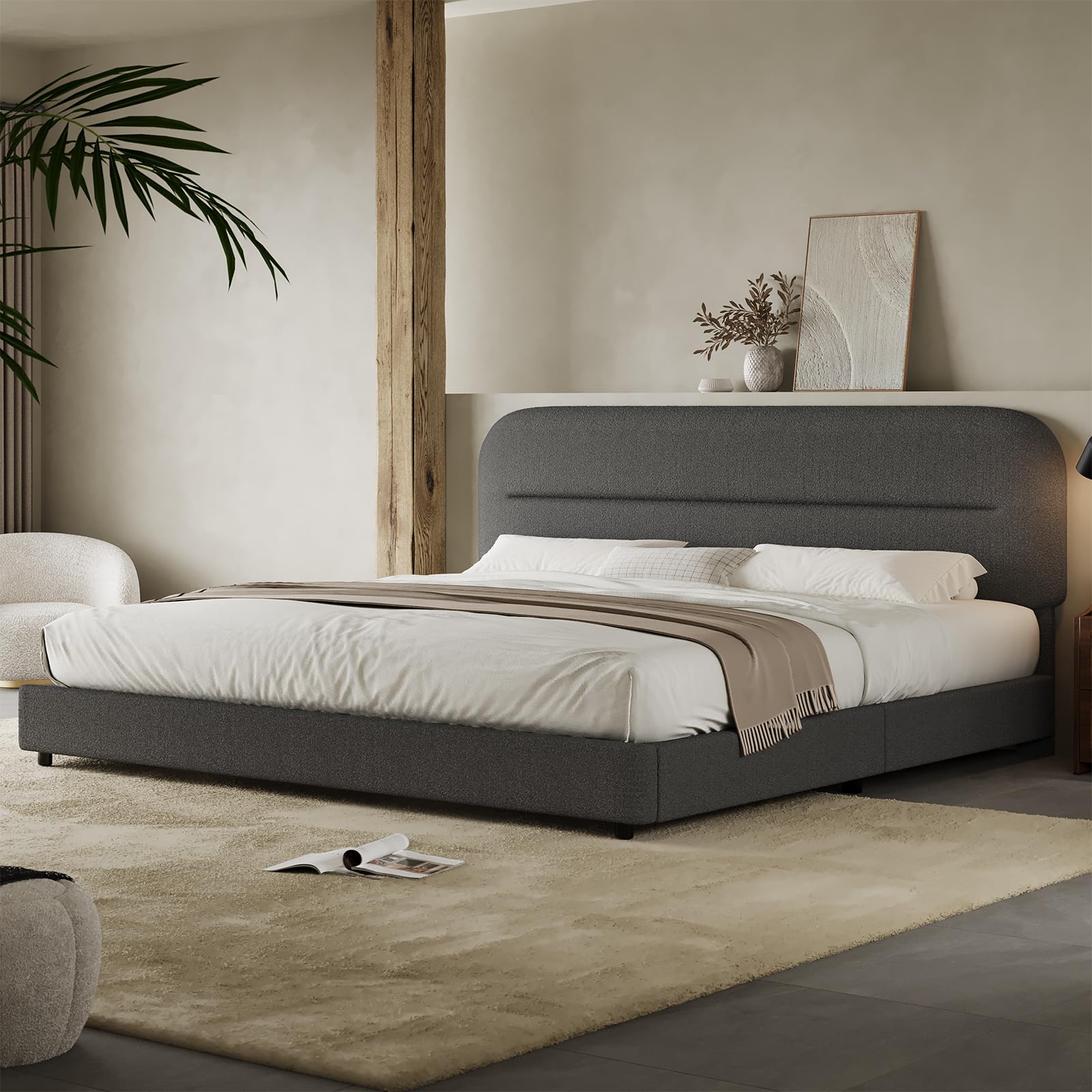 Amazon.com: HOMBCK King Size Bed Frame, Boucle Upholstered Bed Frame ...