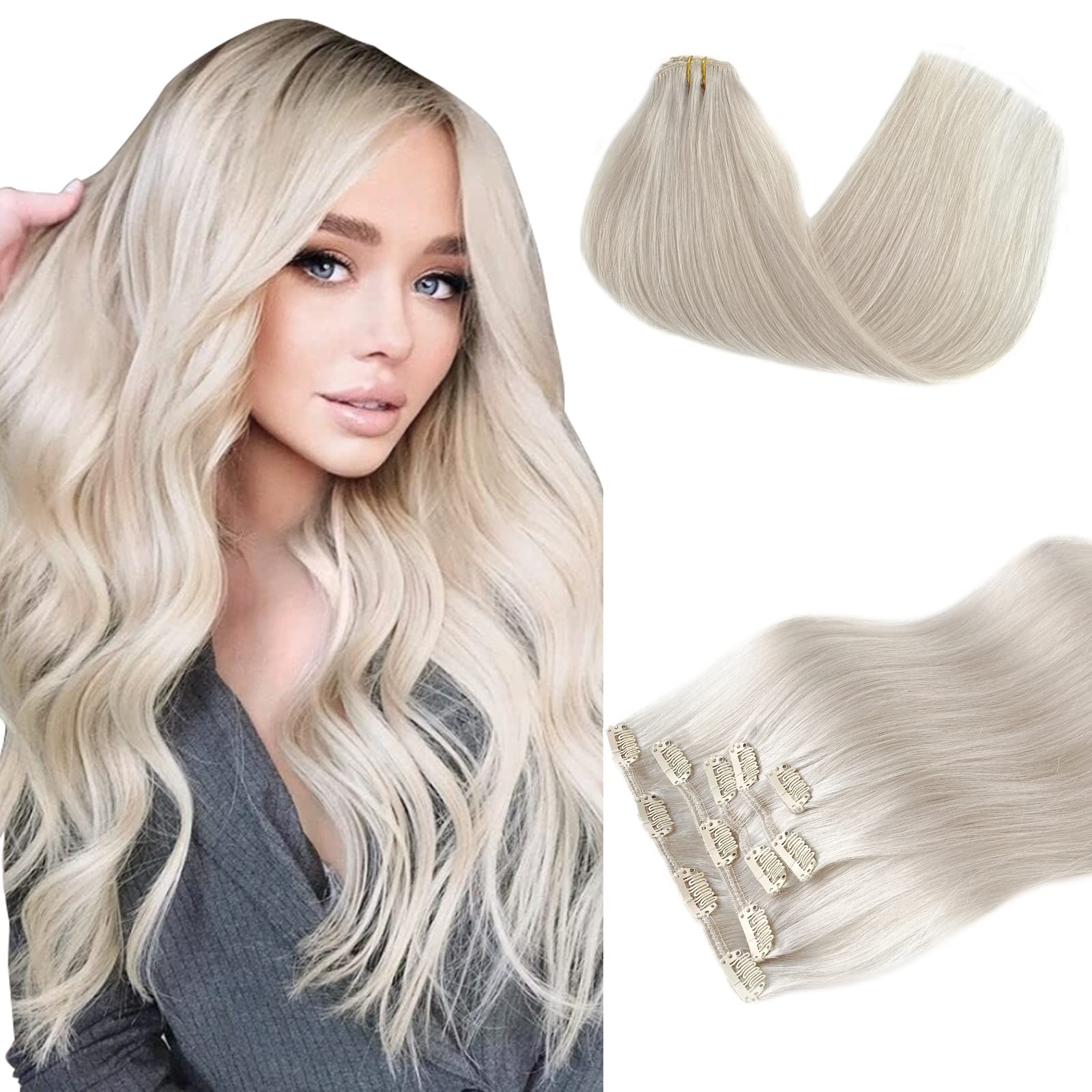 Amazon.com : Clip in Hair Extensions, Ice White Real Human Hair Hair ...