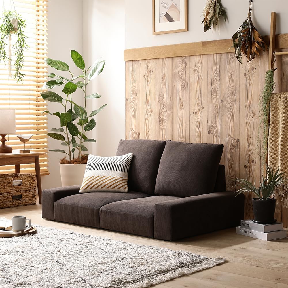 Amazon｜RASIK ローソファー 2人掛け コーデュロイブラウン 幅119cm コンパクト クッション付き Lenne レンネ｜ソファ・カウチ オンライン通販