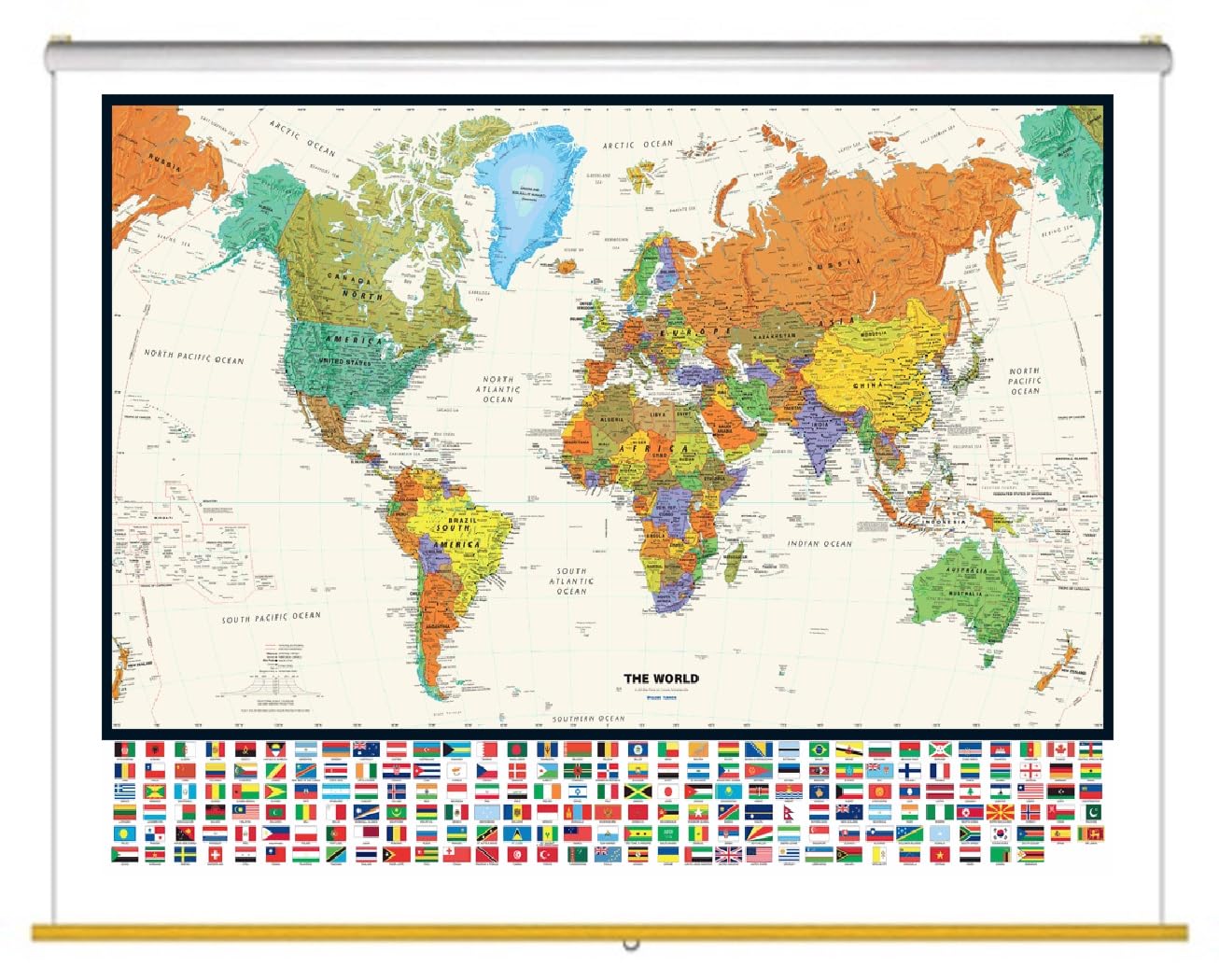 World with Flags Contemporary Classroom Pull Down Wall Map ...