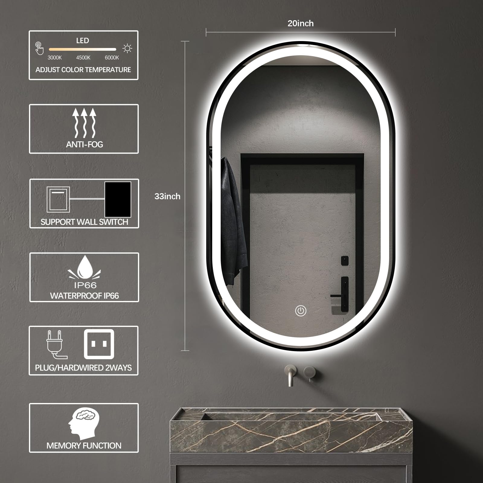 TheiaMo Oval LED Bathroom Mirror, 33"x20" Lighted Wall Mounted Vanity ...