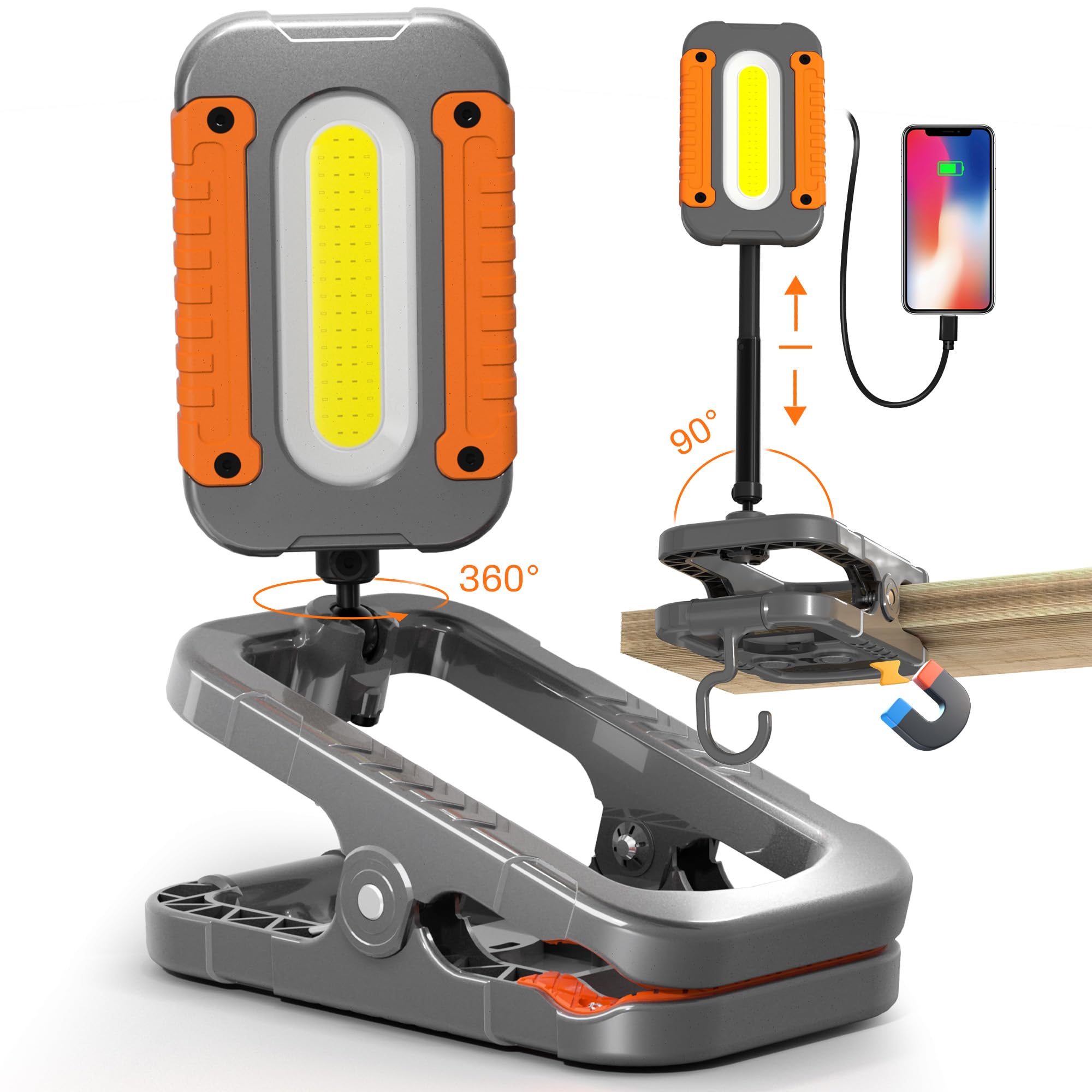 KEADESO Rechargeable LED Work Light with Clamp, 3000LM Magnetic Clip-on ...