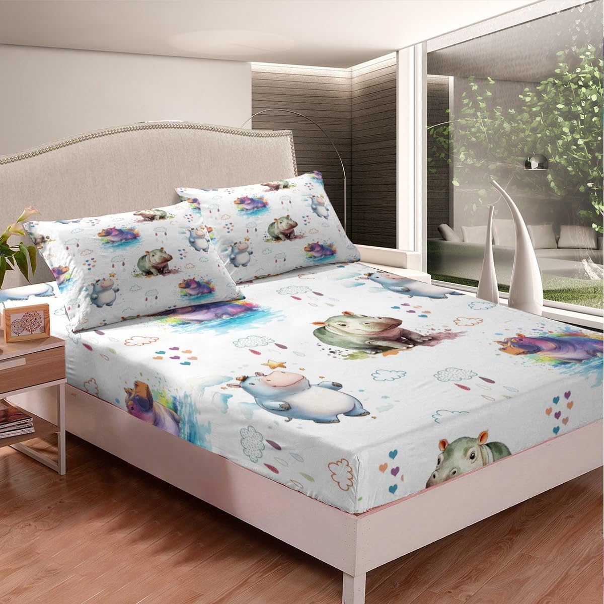 Amazon.com: jejeloiu Kids Hippo Bed Sheet Set Full Size Cute ...