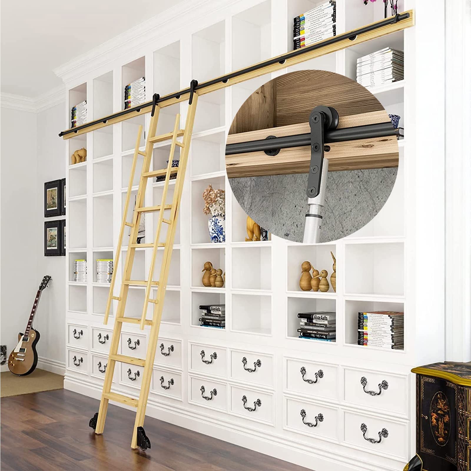 Sliding Library Ladder Shelves Black Stainless Steel Sliding Library