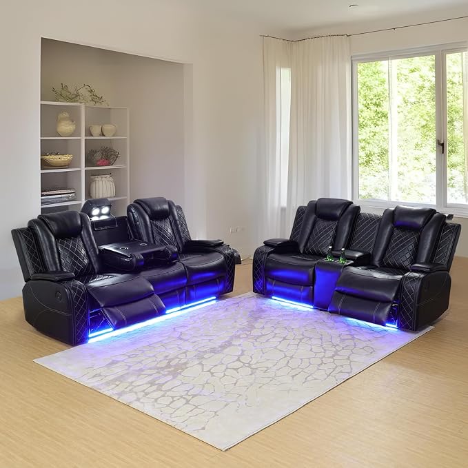 Amazon.com: Ocstta Breathable Leather Power Recliner Sofa Set with LED ...