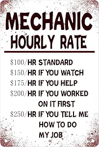 Amazon.com: Mechanic Hourly Rate Funny Garden Signs Metal Tin Sign for ...