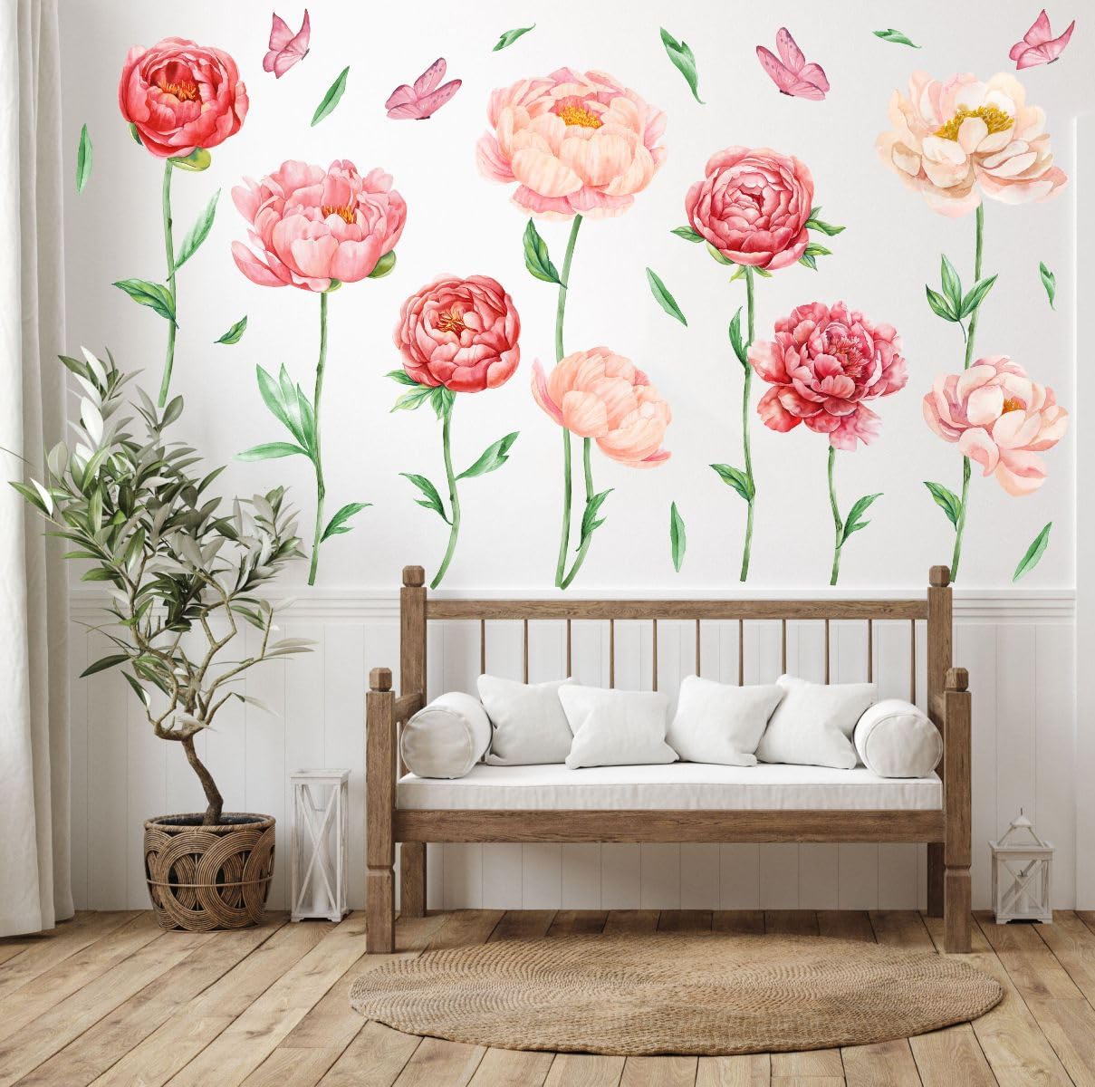 Amazon.com: OLMIXA Watercolor Peony Wall Decal, Peony Floral and Leaves ...