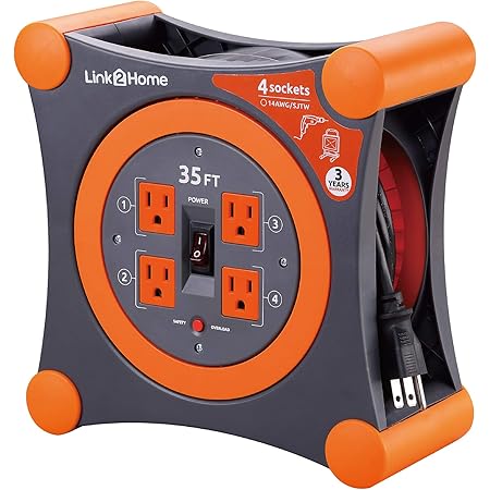 Amazon.com: Link 2 Home Cord Reel Extension Cord 4 Power Outlets – 14 ...