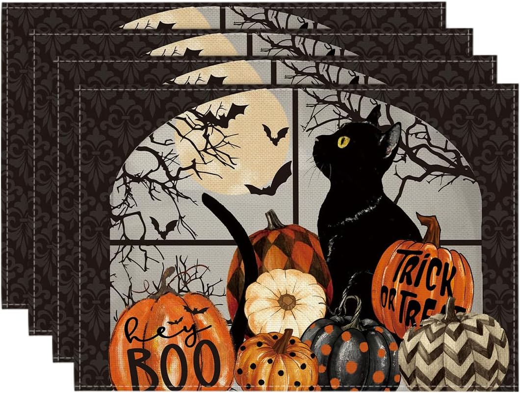 Amazon.com: Artoid Mode Boo Black Cat Pumpkins Halloween Placemats Set ...