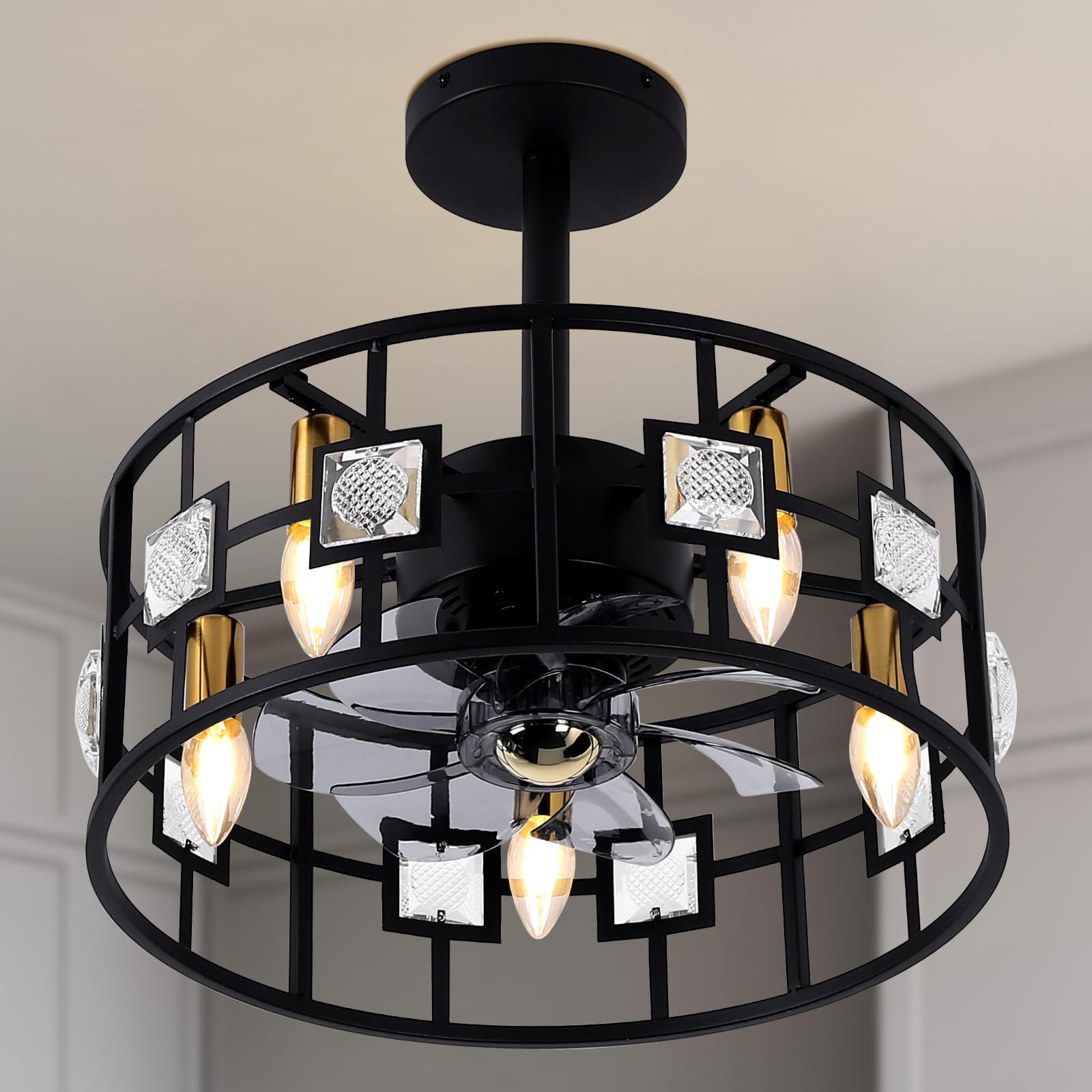 PAZALA Black Ceiling Fans with Lights - 5 Lights Caged Fandelier ...