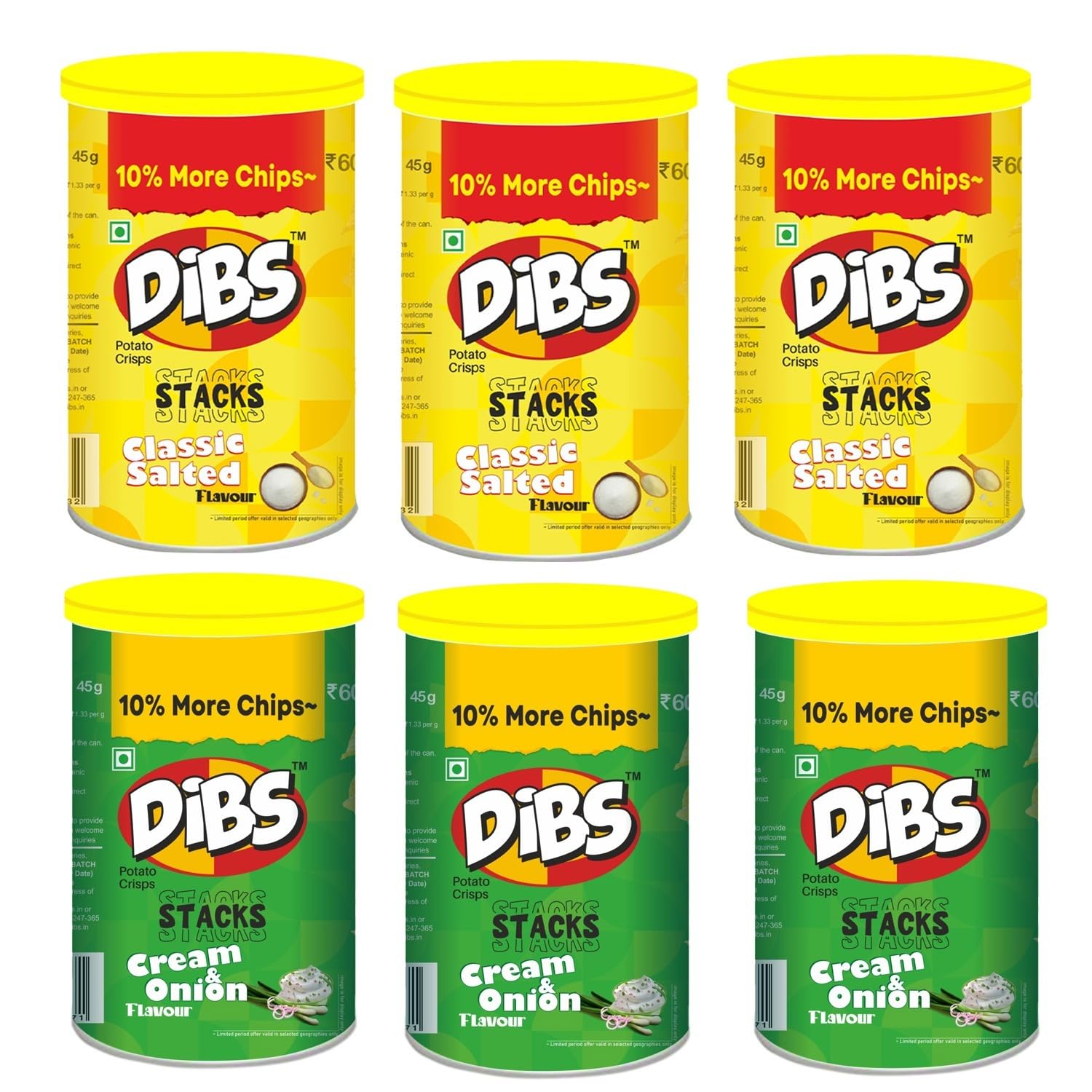 Dibs stacks (Pack of 6, 45 GM Each) Cream N Onion * 3, Classic Salted ...