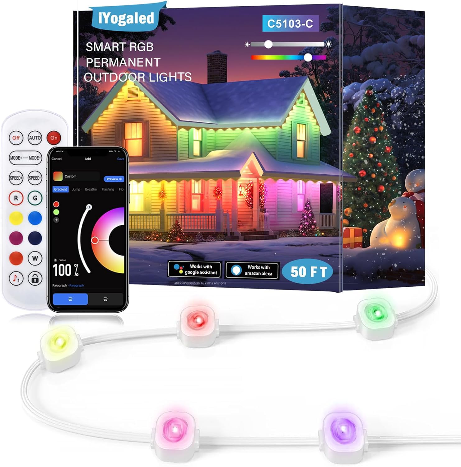iYogaled Permanent Christmas Lights Outdoor, 50ft Smart RGB Permanent ...
