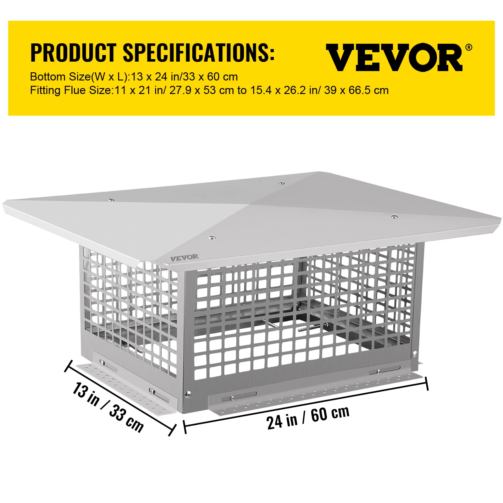 VEVOR Chimney Cap, 13" x 24" Flue Caps, 304 Stainless Steel Fireplace ...