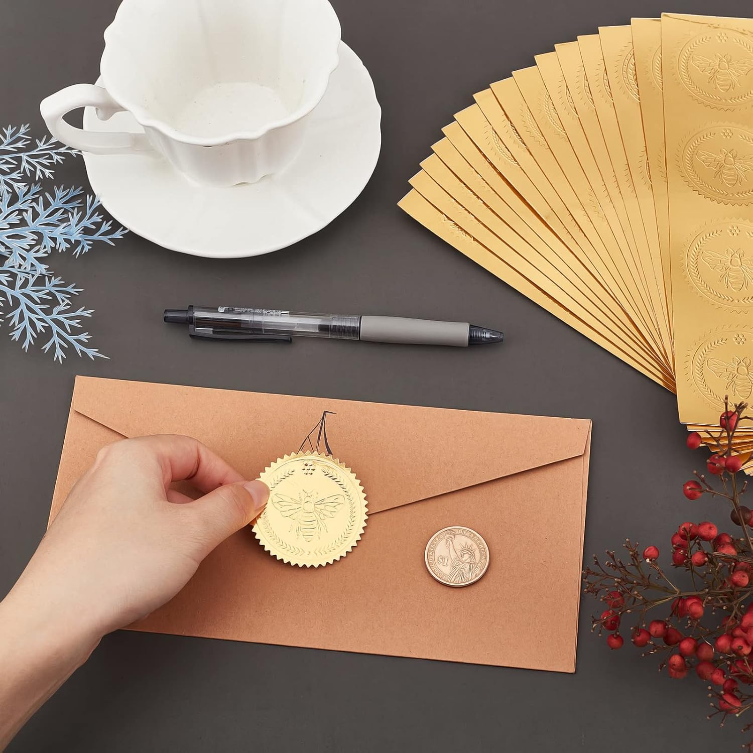 CRASPIRE 100pcs 5 Style Gold Embossed Seals Stickers 2″ Round Gold Foil ...
