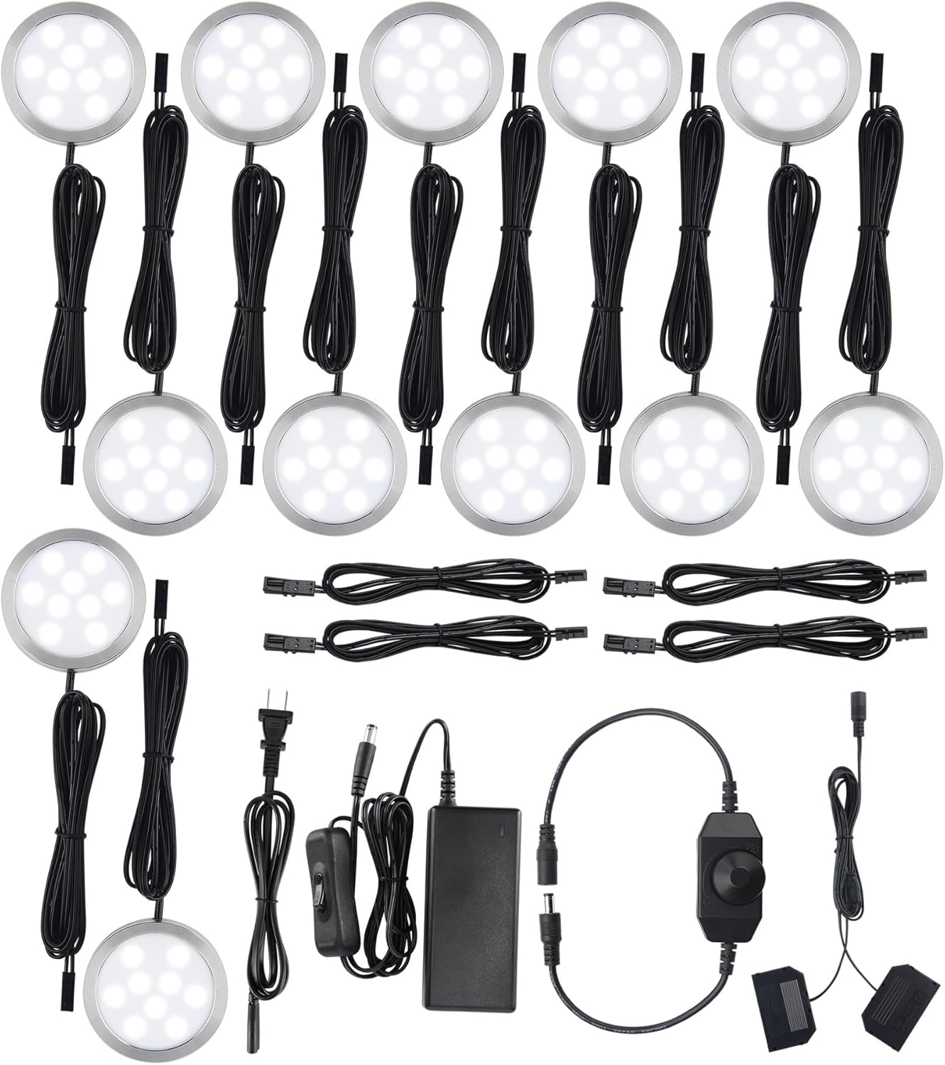 Meigour LED Puck Lights Kit for Under Cabinet Lighting, Rotary Dimmer ...