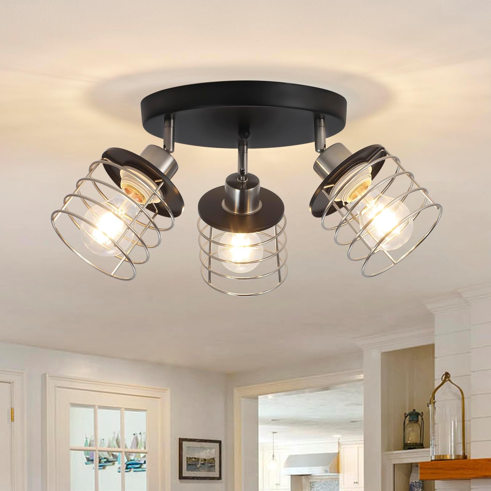 Industrial Flush Mount Ceiling Light Fixture, 3-Lights Multi ...